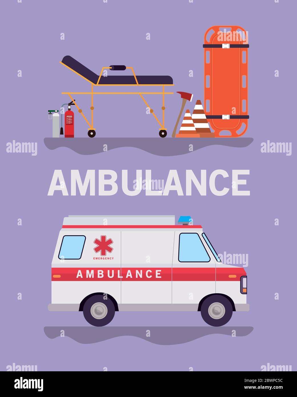 Ambulance stretcher extinguisher cones axe and oxygen cylinders vector ...