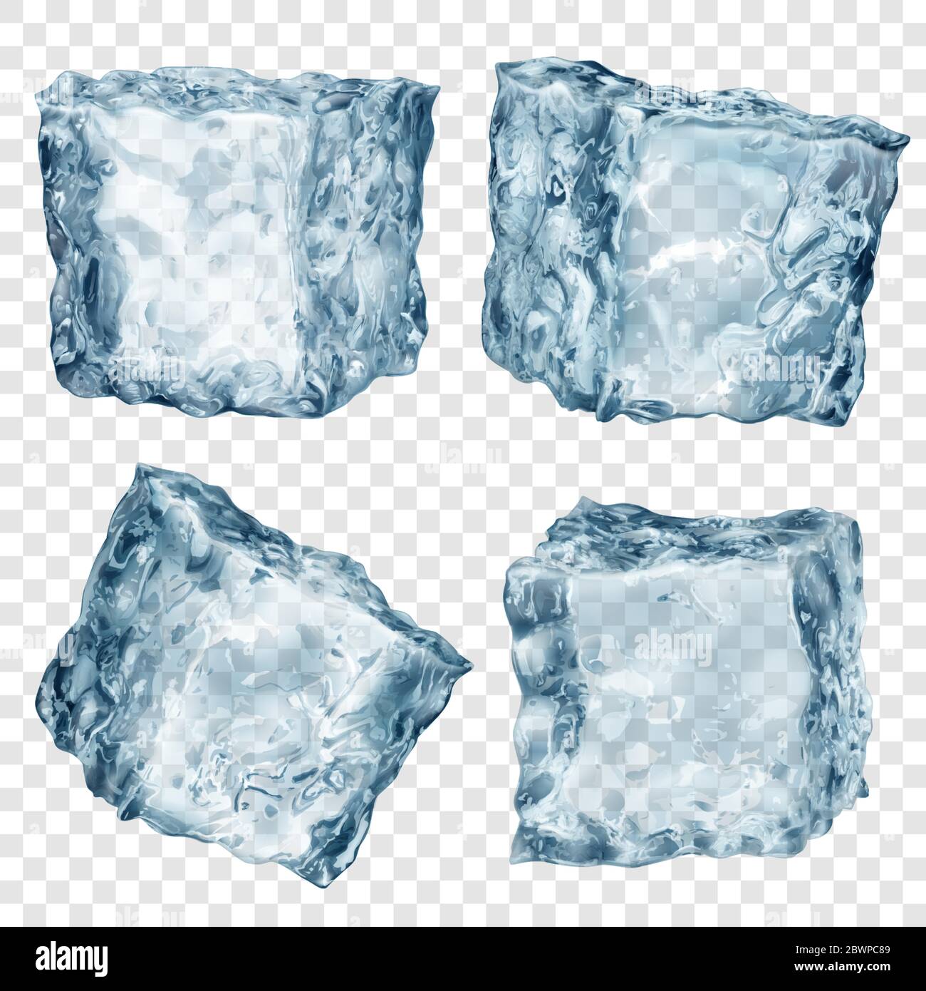 Set of four realistic translucent ice cubes in light blue color ...