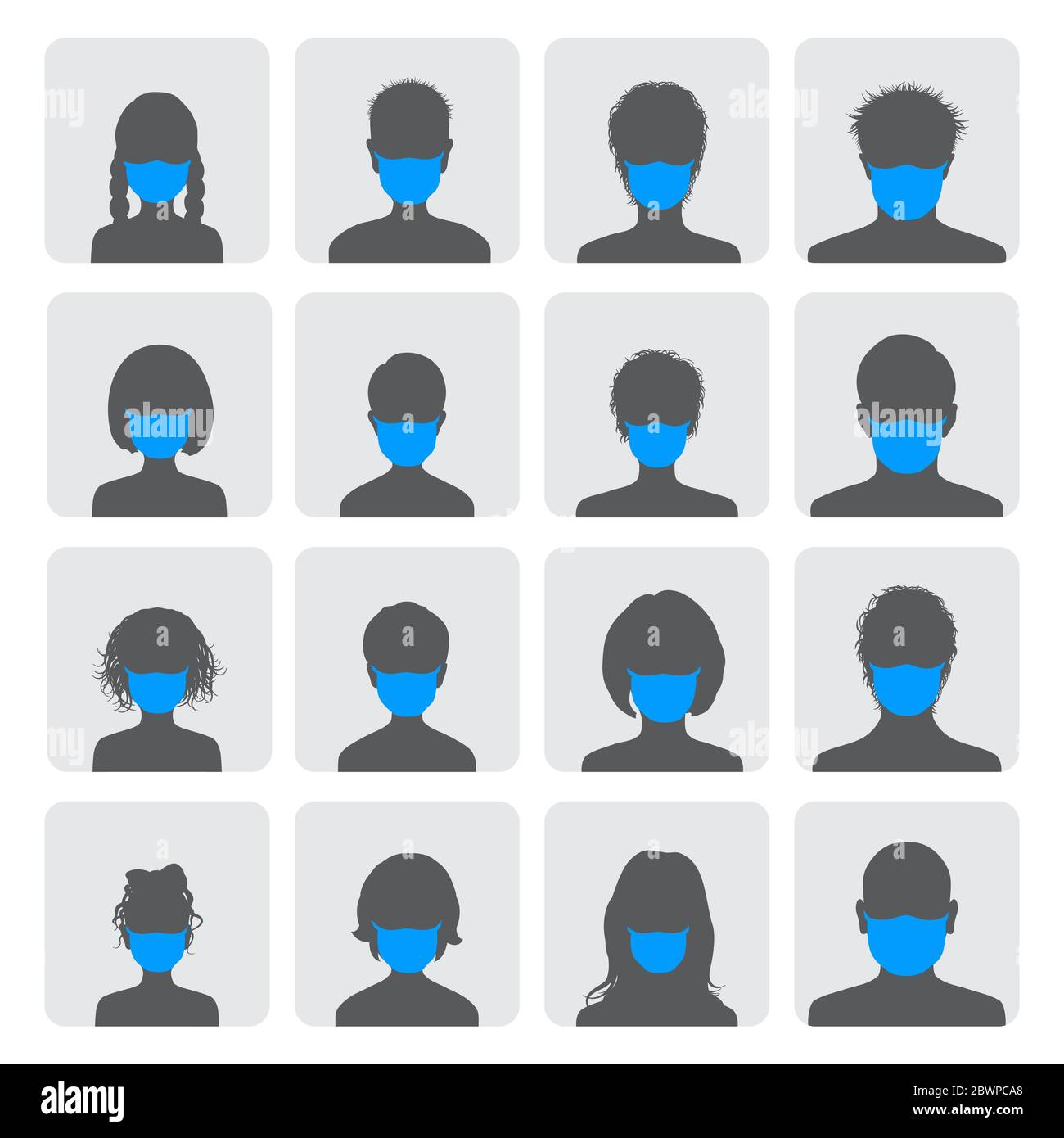 Set of square avatars in medical masks. Black silhouettes of masked men ...
