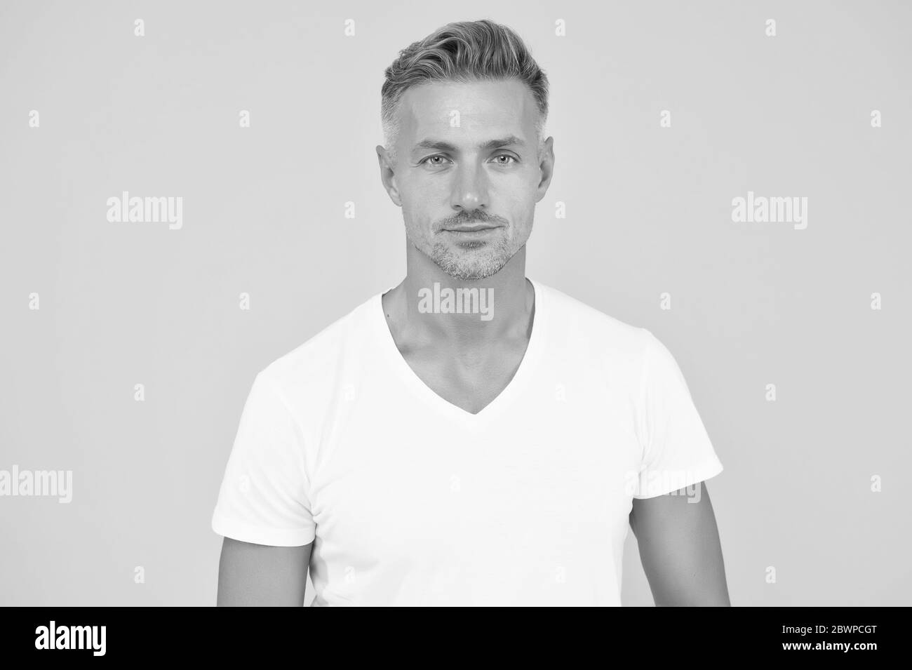 Reference beauty. Grizzle hair. Deal with gray roots. Man attractive ...