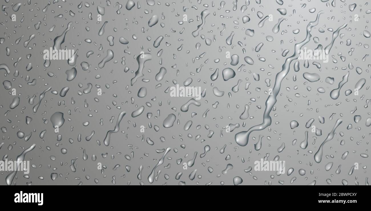 Background with drops and streaks of water in gray colors, flowing down ...