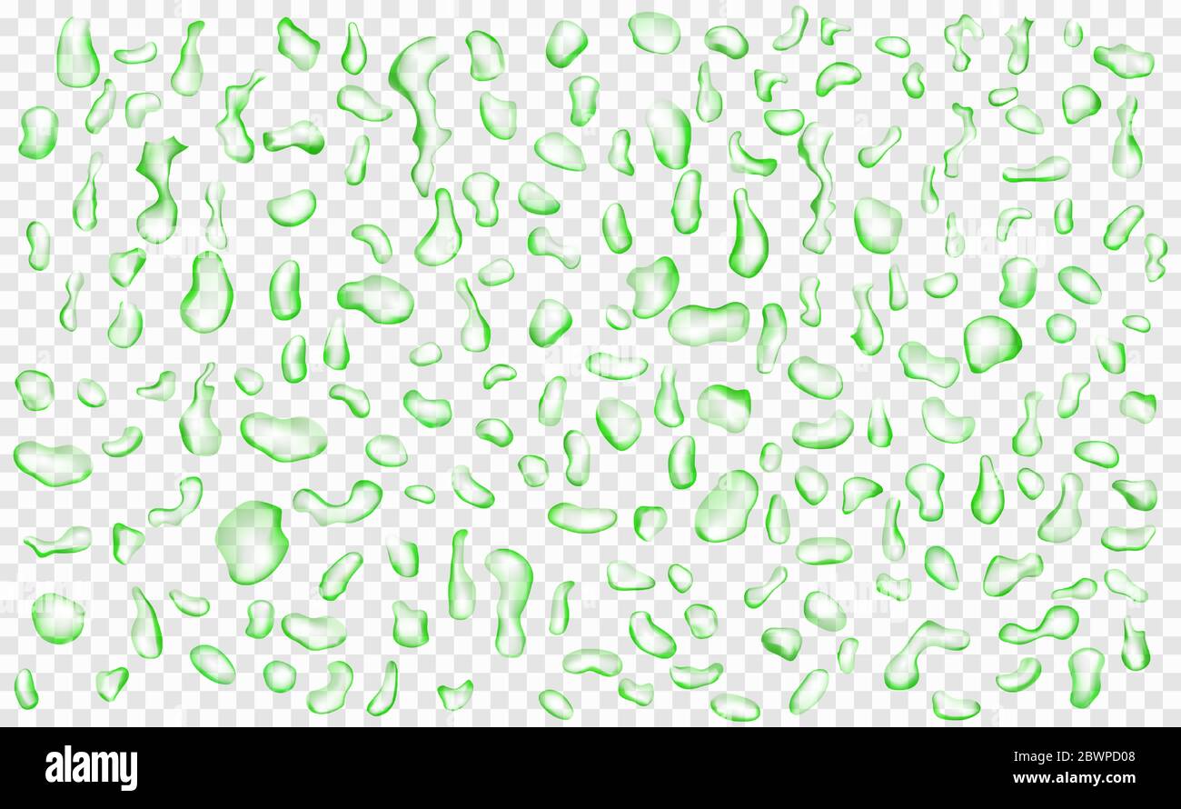 Set of translucent water drops in green colors in various shapes ...