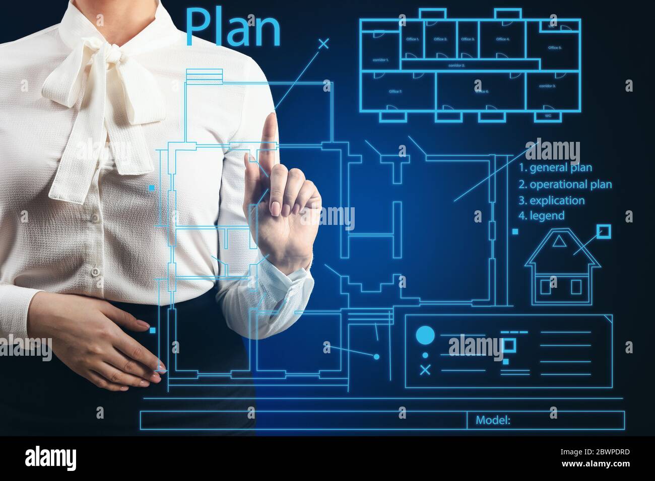 Female architect with virtual plan of building on dark background Stock ...