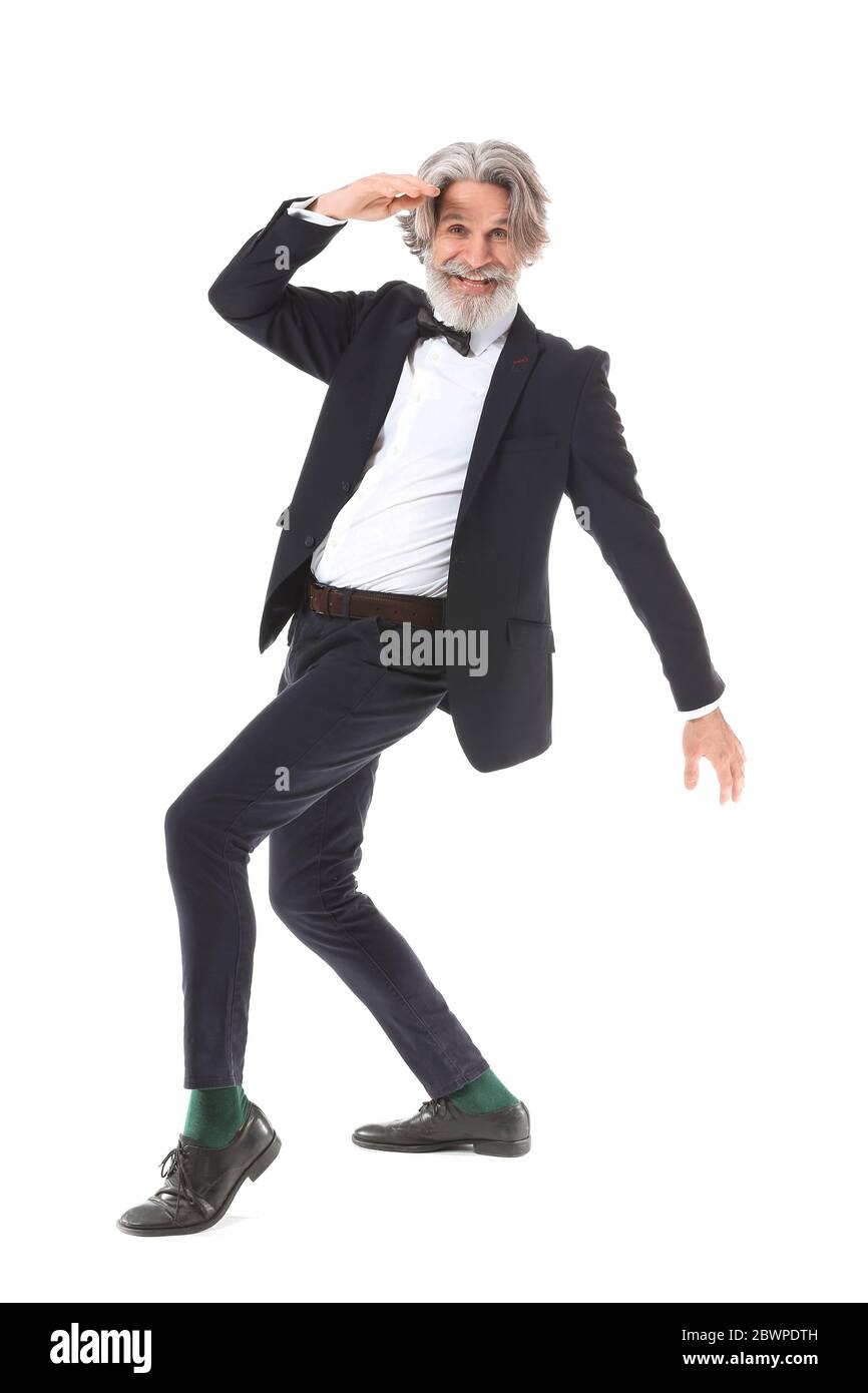 Cool senior man dancing against white background Stock Photo - Alamy