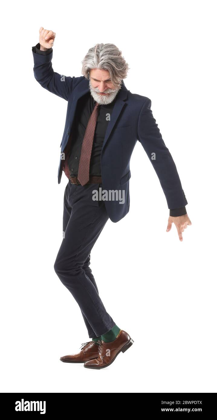 Cool senior man dancing against white background Stock Photo - Alamy