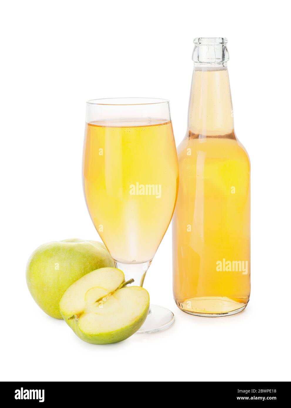 Bottle and glass of apple cider on white background Stock Photo - Alamy