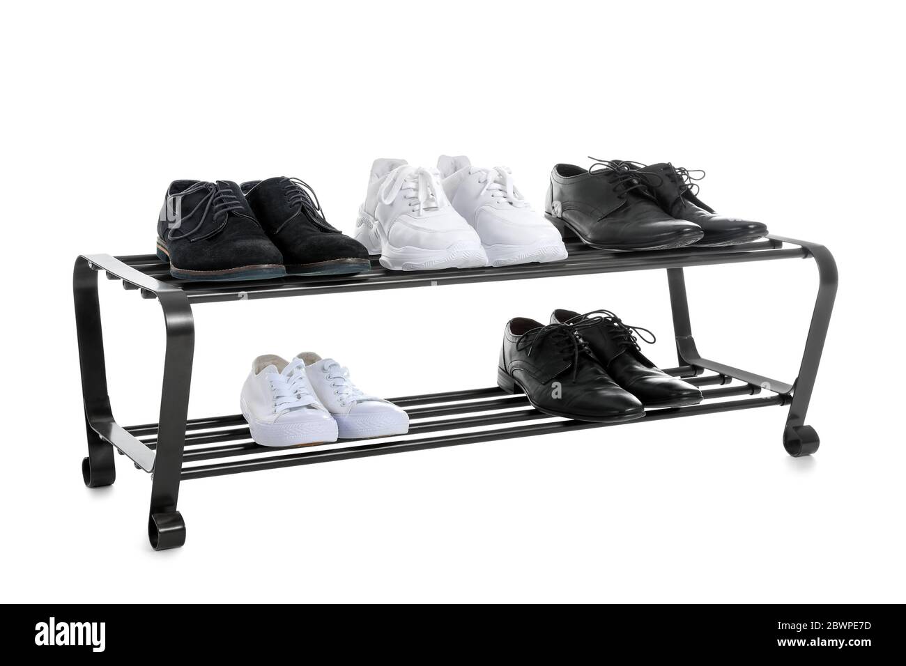Stand with stylish shoes on white background Stock Photo - Alamy