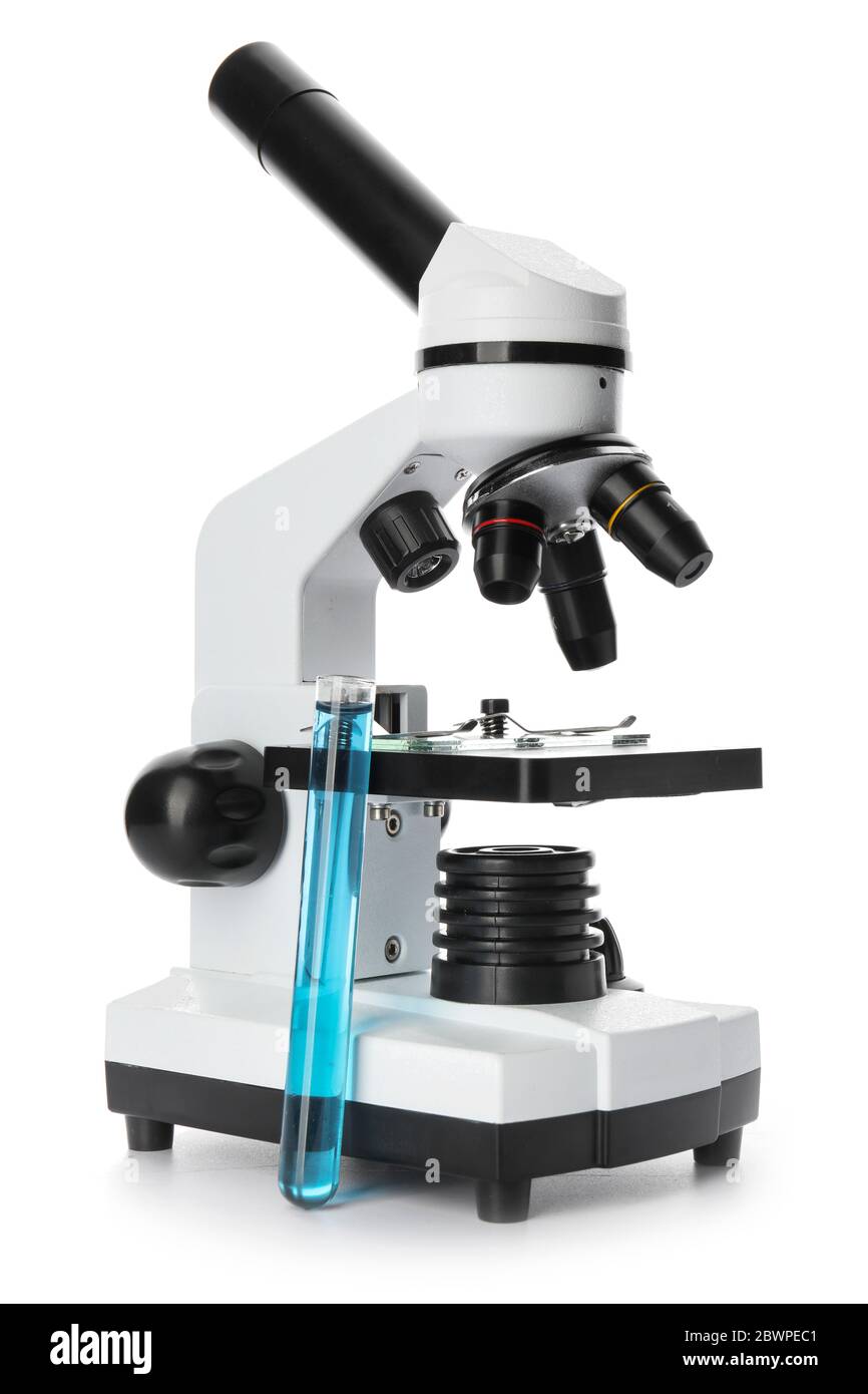 Modern microscope and test tube on white background Stock Photo - Alamy