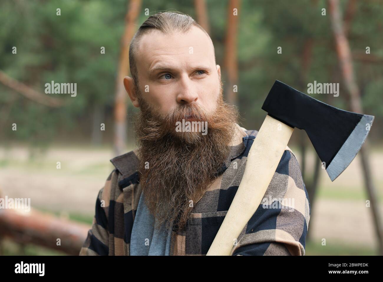 Handsome lumberjack with axe in forest Stock Photo - Alamy