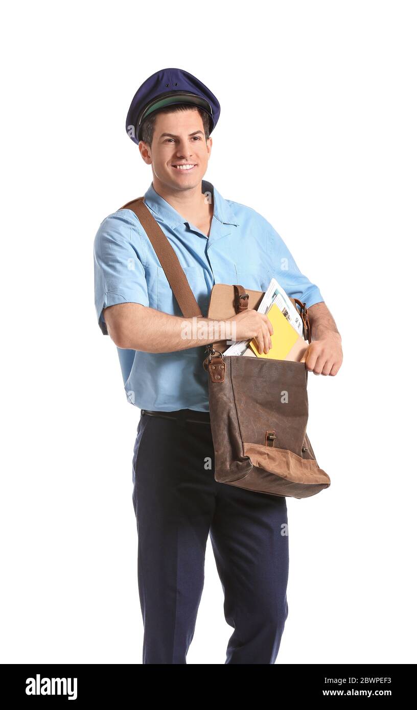 Handsome young postman on white background Stock Photo - Alamy