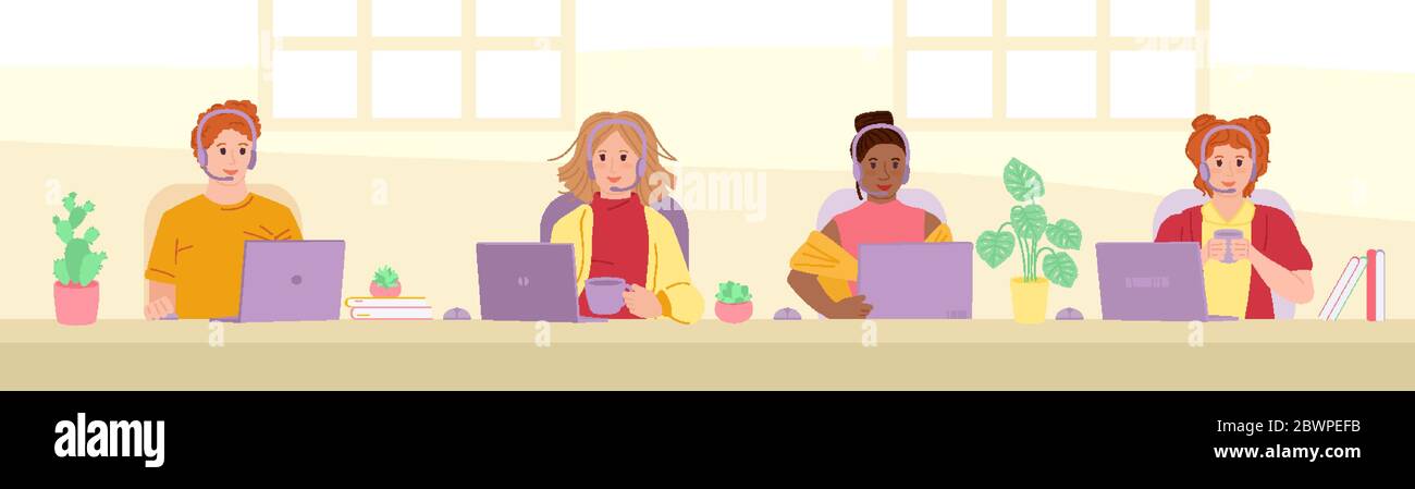 People answer calls in call center. Cartoon colleague multiethnic ...