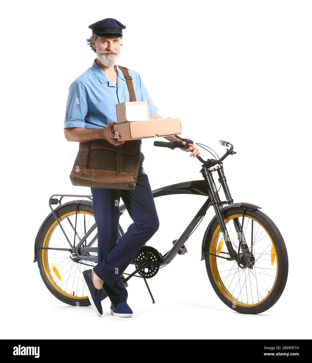 Handsome old postman with bicycle on white background Stock Photo - Alamy