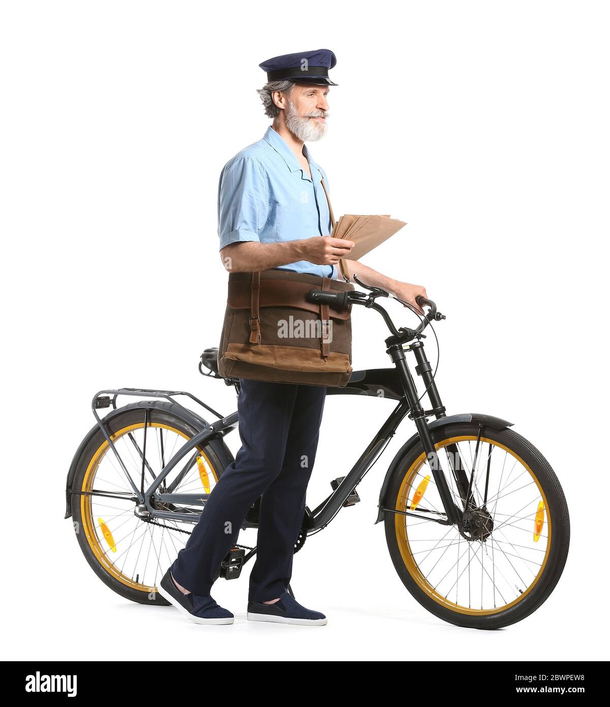 Handsome old postman with bicycle on white background Stock Photo - Alamy