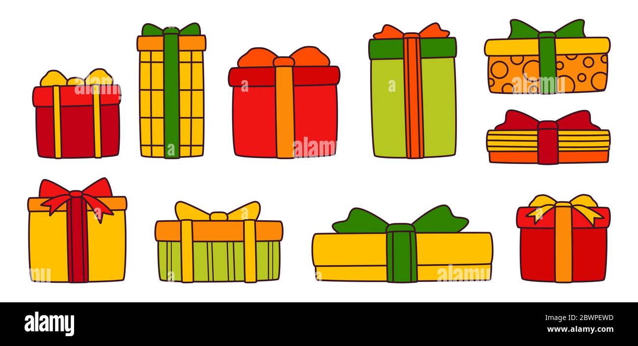 Present box flat colorful line set. Cartoon Birthday party boxes ...