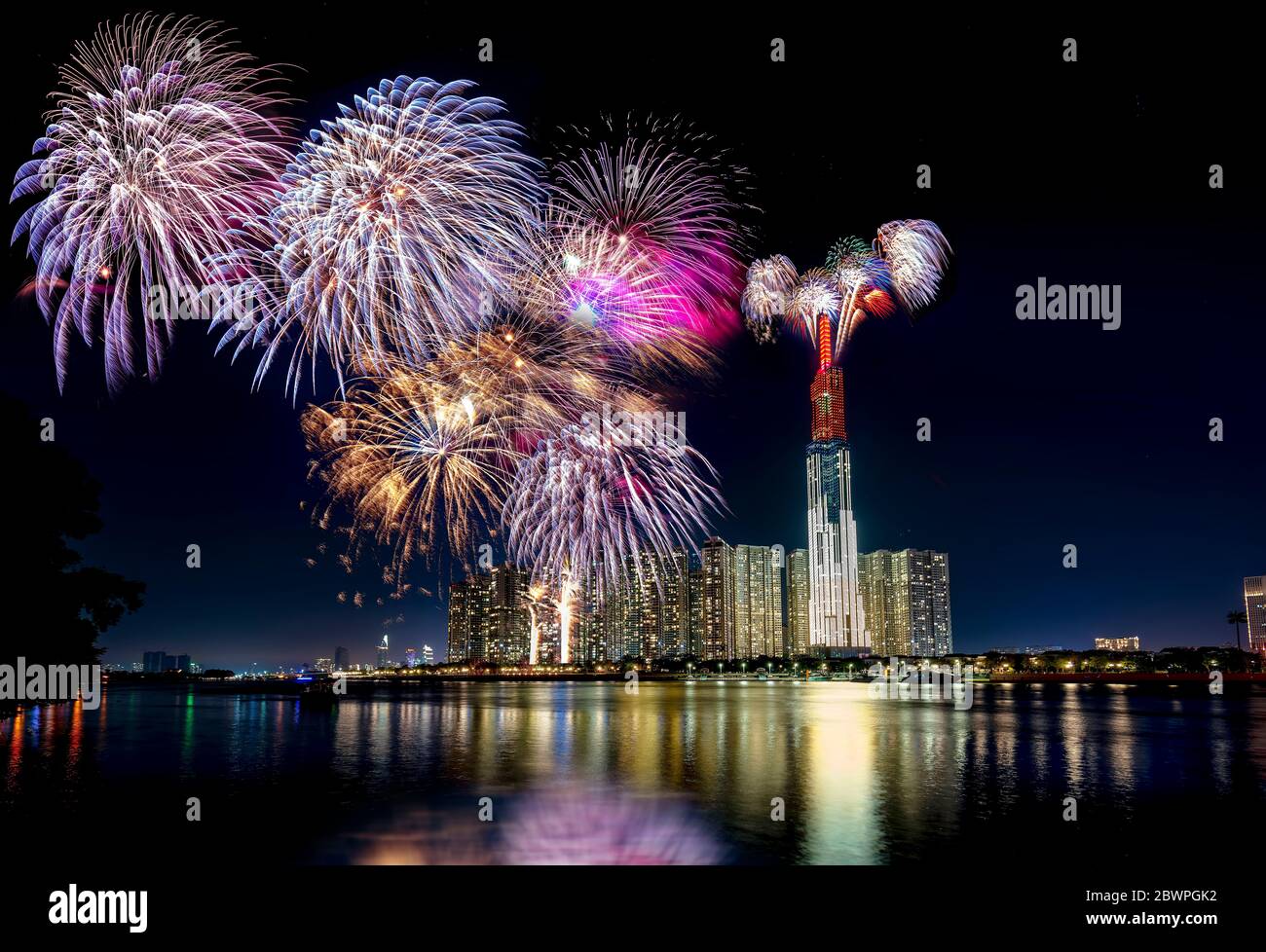 Colorful fireworks welcome lunar new year view from skyscraper at night ...