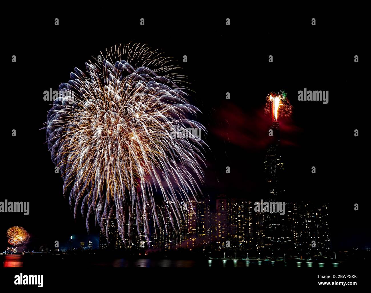 Colorful fireworks welcome lunar new year view from skyscraper at night ...