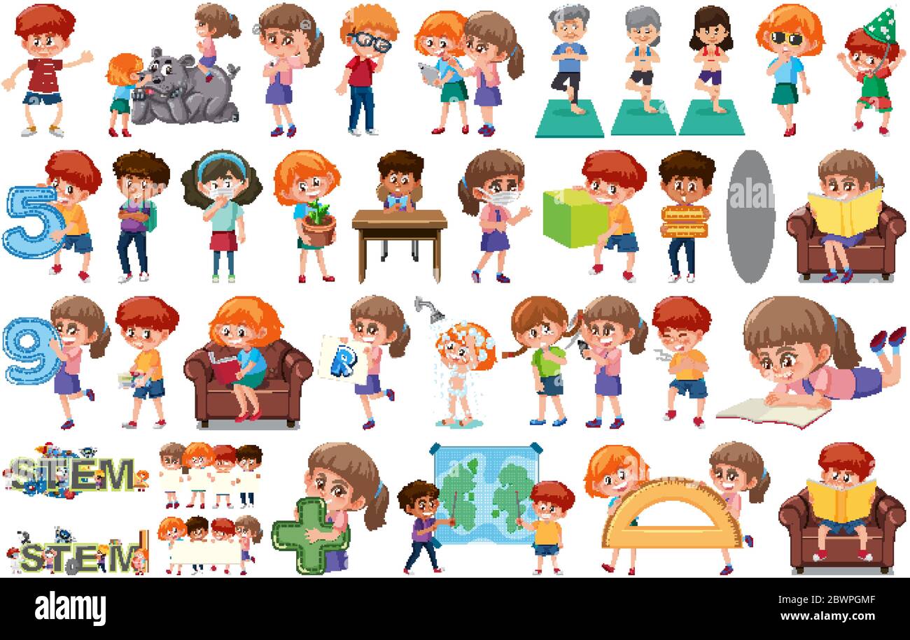Large set of children doing different activities on white background ...