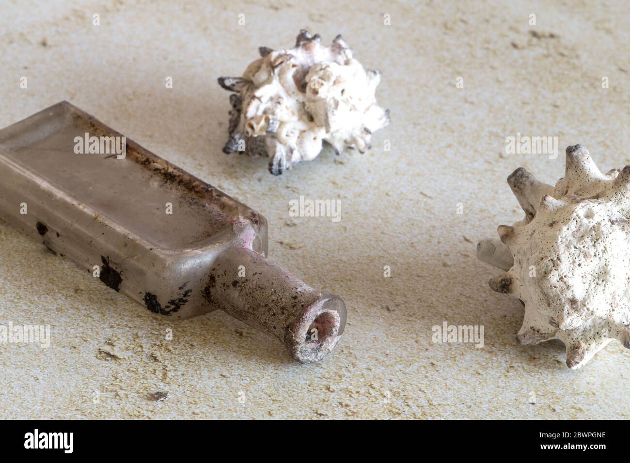 Old dirty glass bottle among shells on sandy beach. Weathered bottle ...