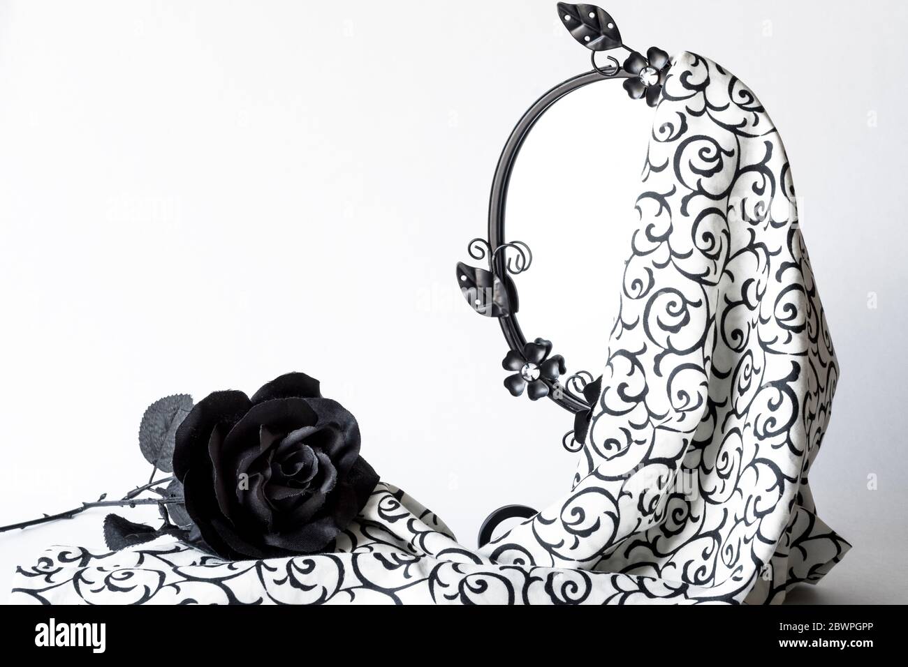 Black Mirror with rose on white background. Covered Mirror. Sympathy ...