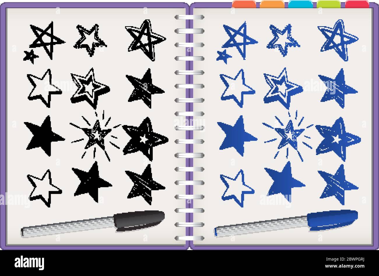 Many stars isolated on purple notebook on white background illustration ...