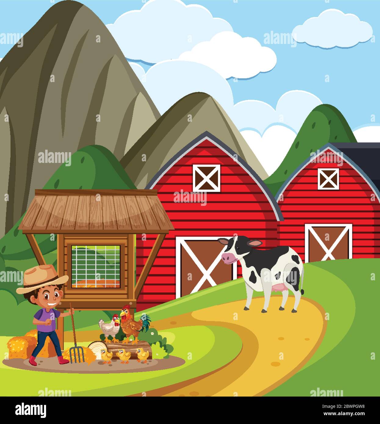 Farm scene with farmboy working on the farm illustration Stock Vector ...