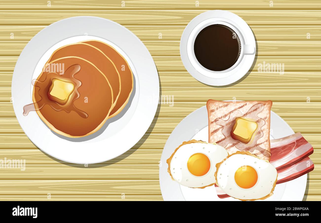 Breakfast on desk close up with coffee cup cartoon style illustration ...