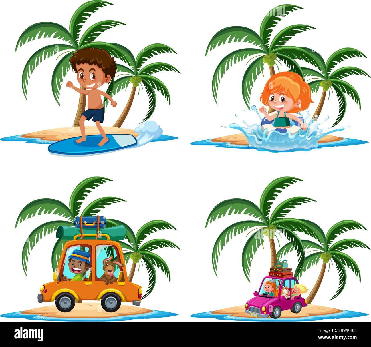 Group of kids vacation activities on the tropical island cartoon ...