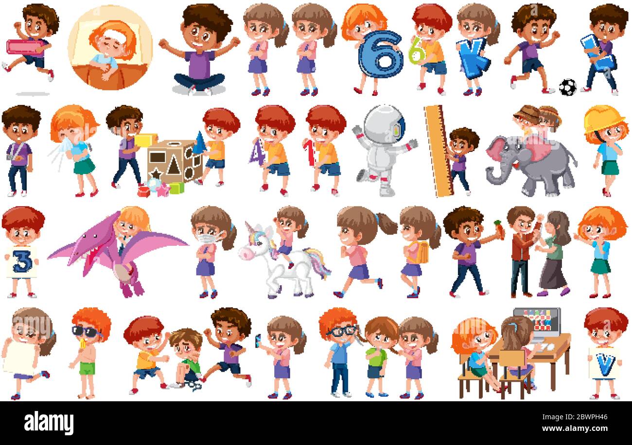 Large set of children doing different activities on white background ...