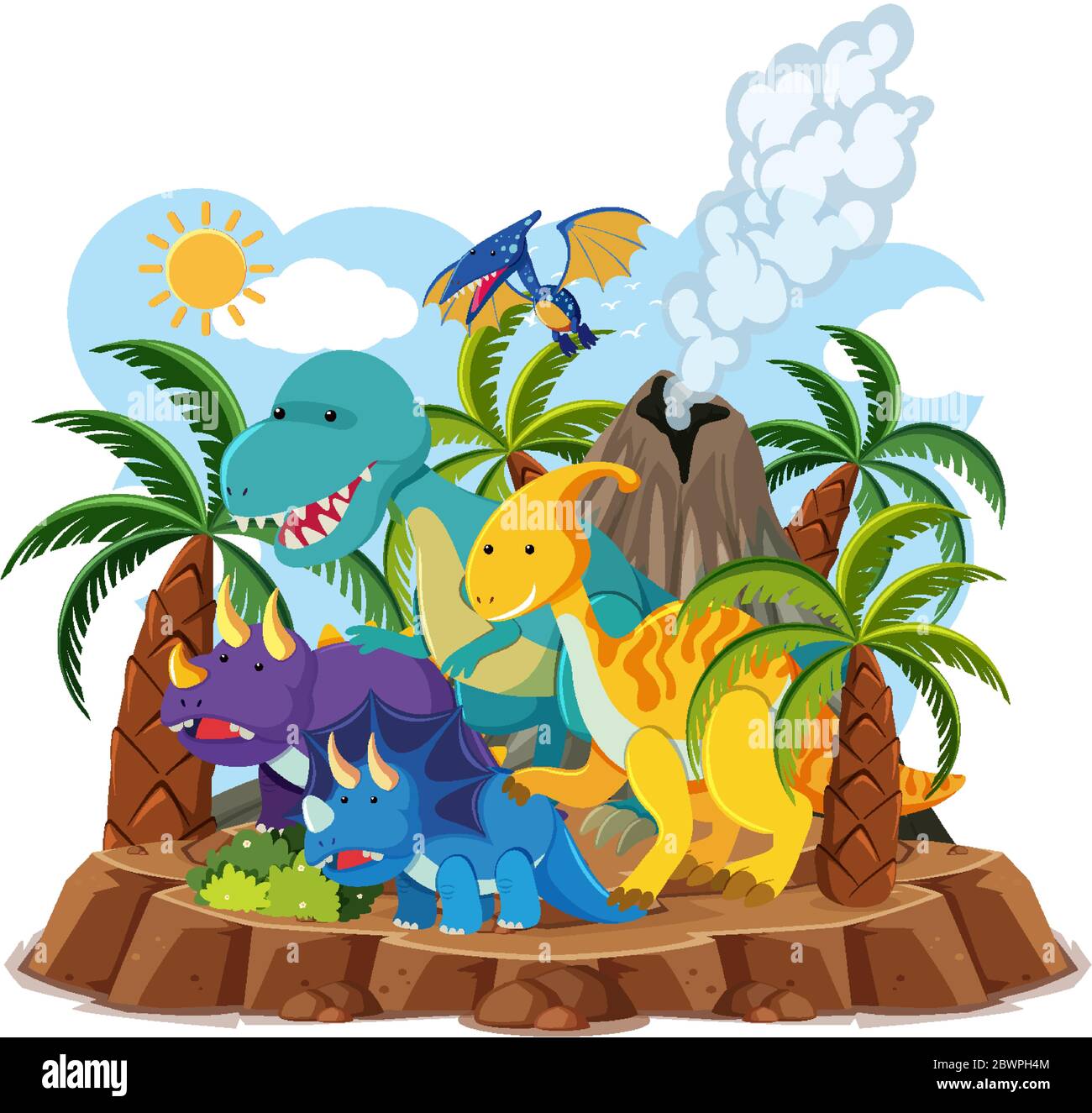 Cute dinosaurs with volcano eruption isolated on white background ...