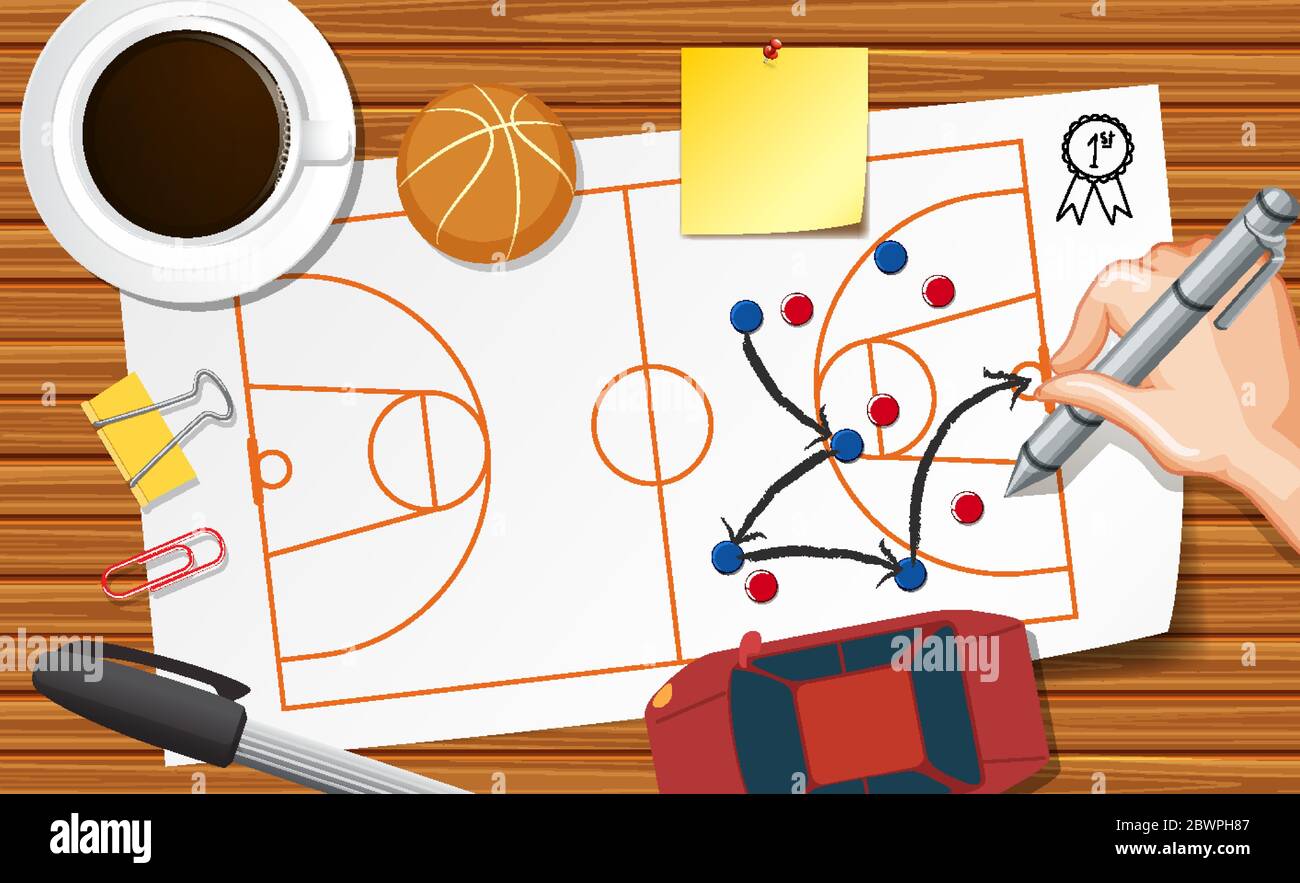 Close up hand writing basketball plane on paper with coffee cup on desk ...