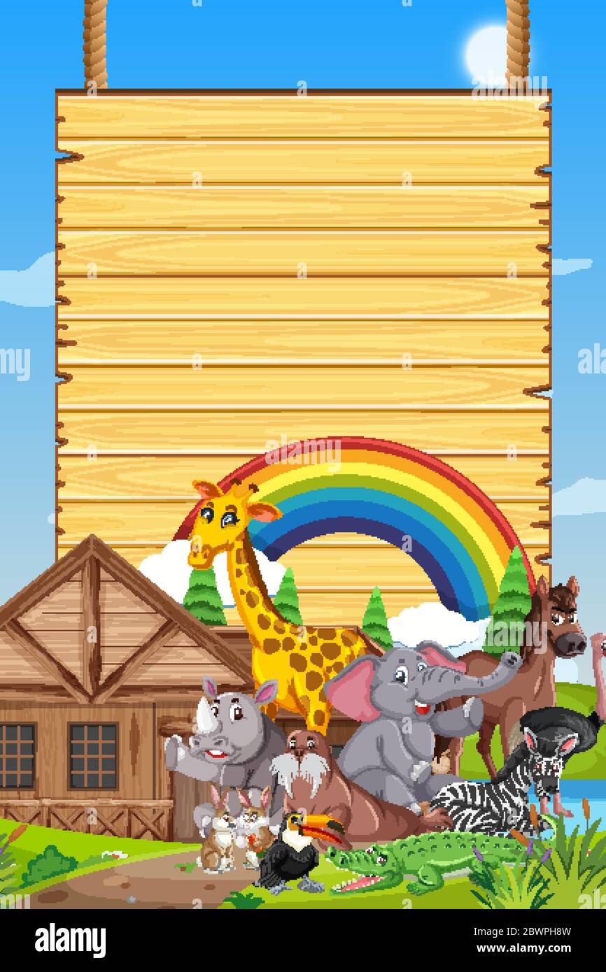 Border template design with many wild animals in background ...