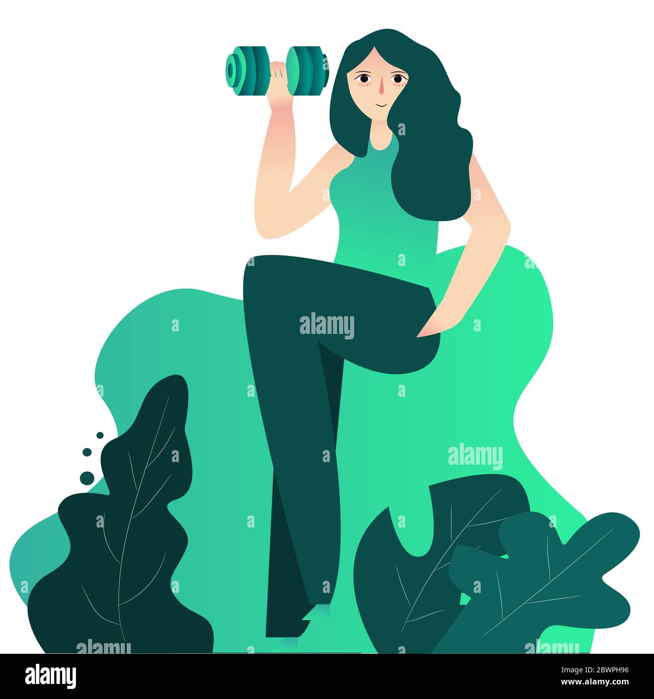 Beautiful woman exercise lifting barbell build her biceps modern flat ...