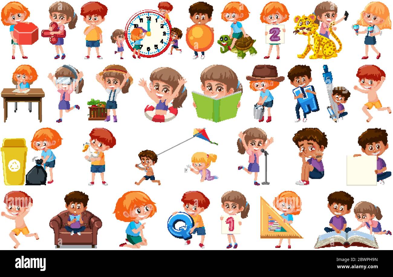 Large set of children doing different activities on white background ...