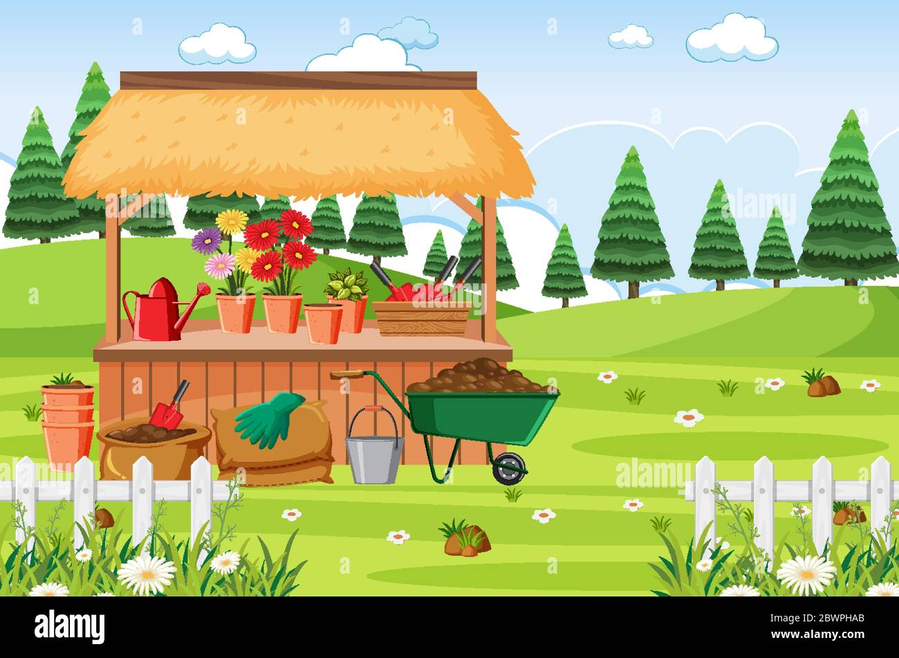 Scene with flowers and trees in the park illustration Stock Vector ...