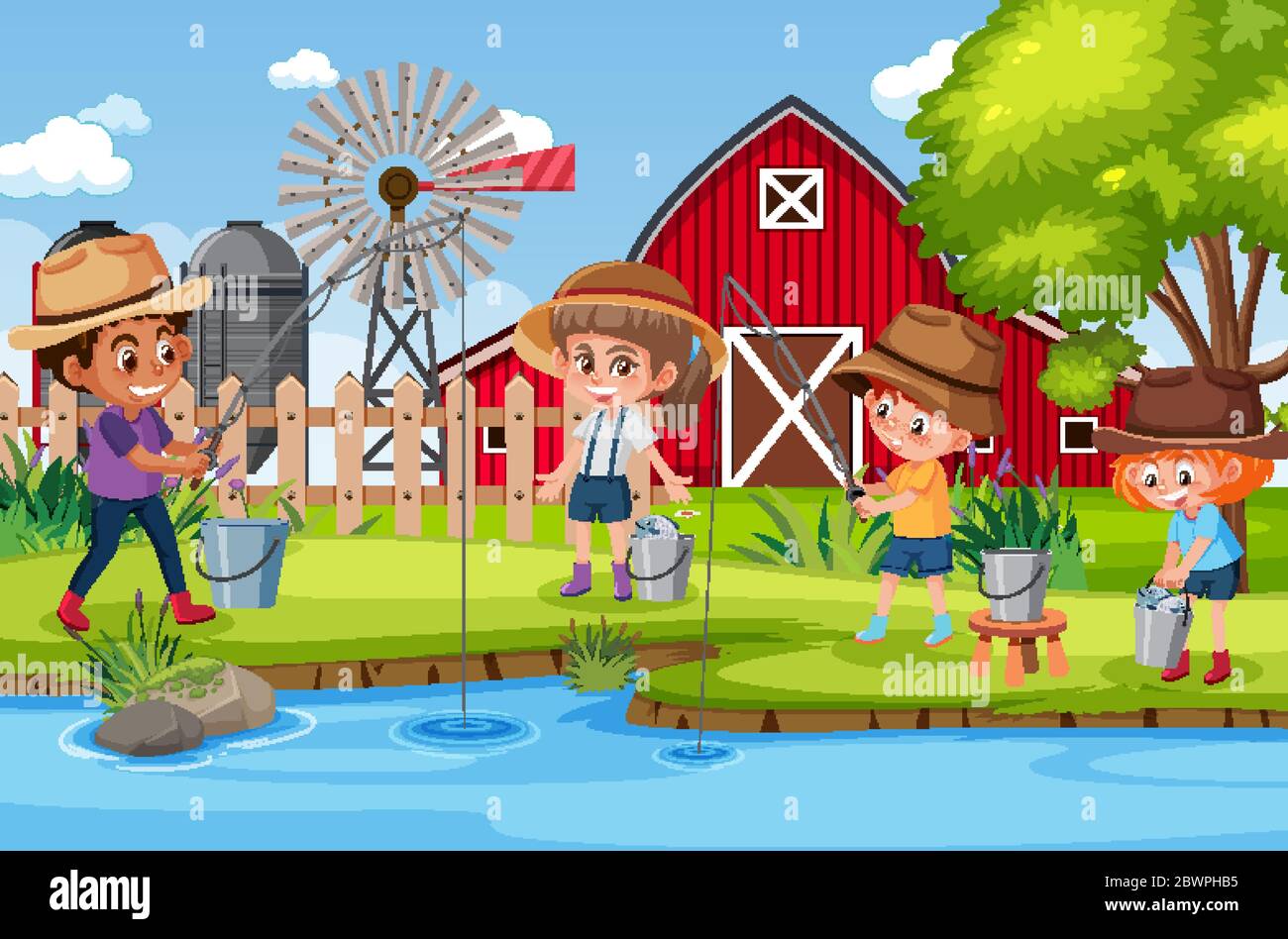 Background scene with kids working on the farm illustration Stock ...