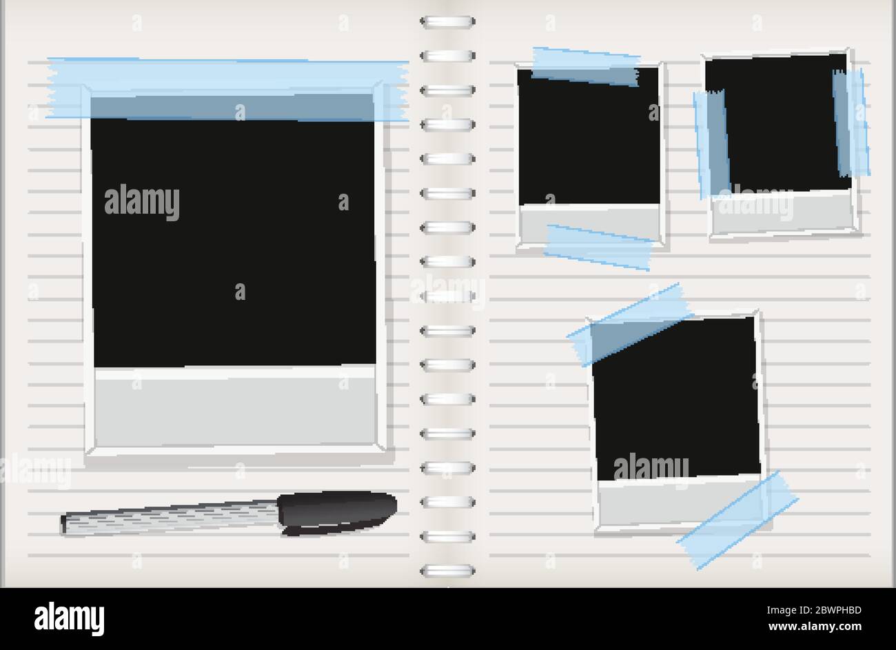 Empty photo frames on notebook background with a pen illustration Stock ...