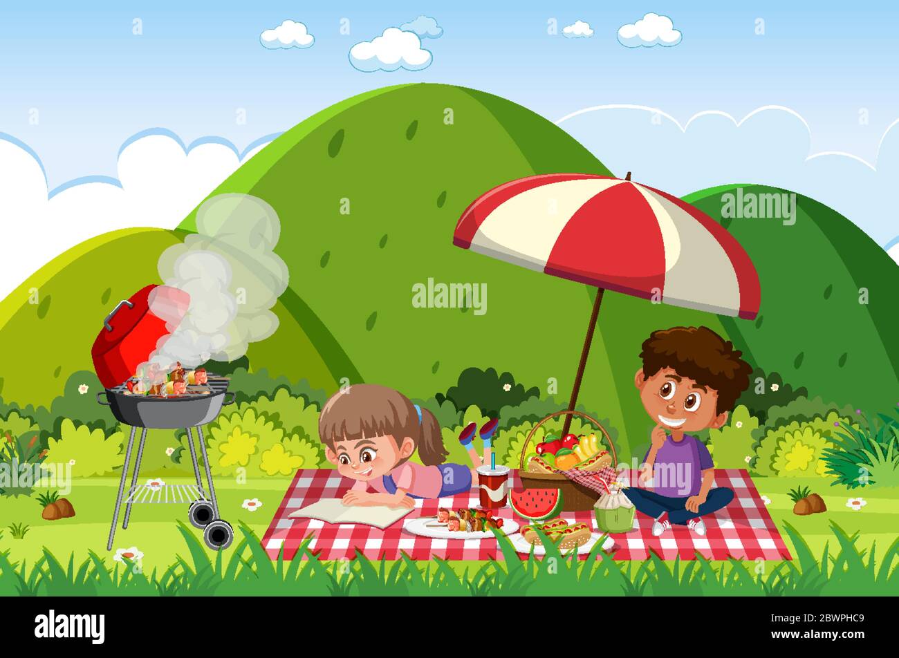 Scene with happy kids eating in the park illustration Stock Vector ...