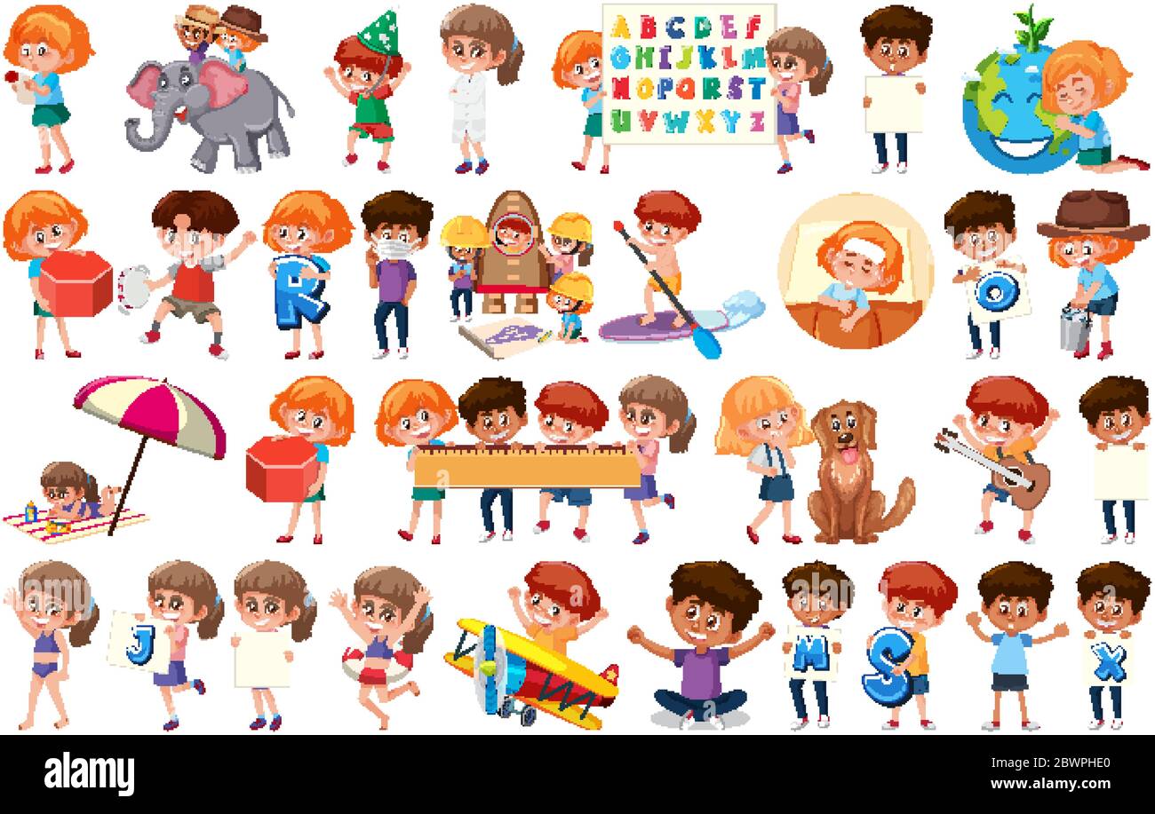 Large set of children doing different activities on white background ...