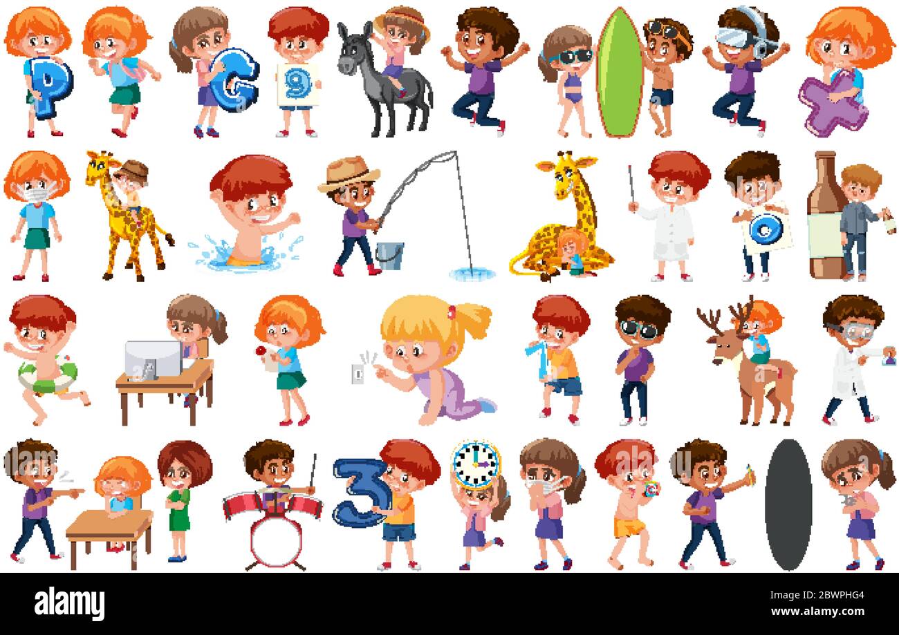 Large set of children doing different activities on white background ...