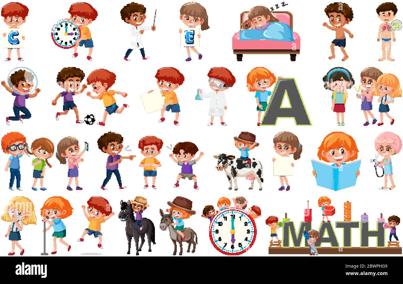 Large set of children doing different activities on white background ...