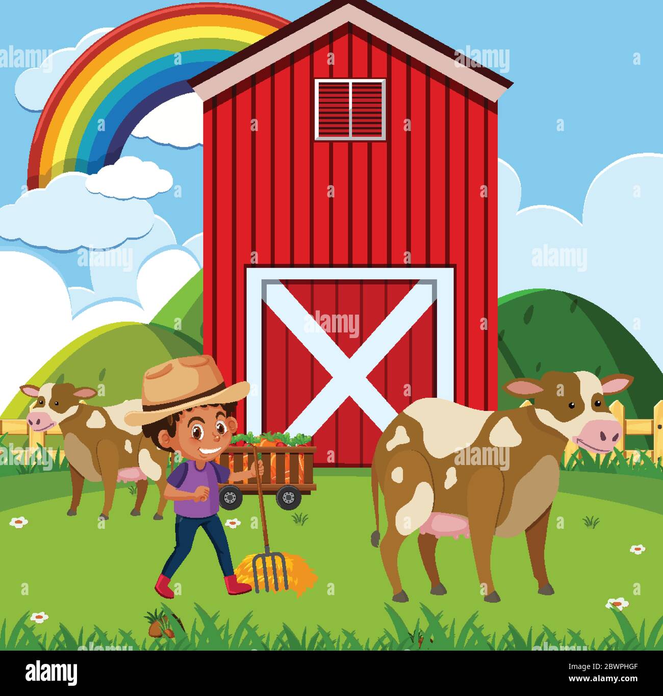 Farm scene with farmboy and cows on the farm illustration Stock Vector ...