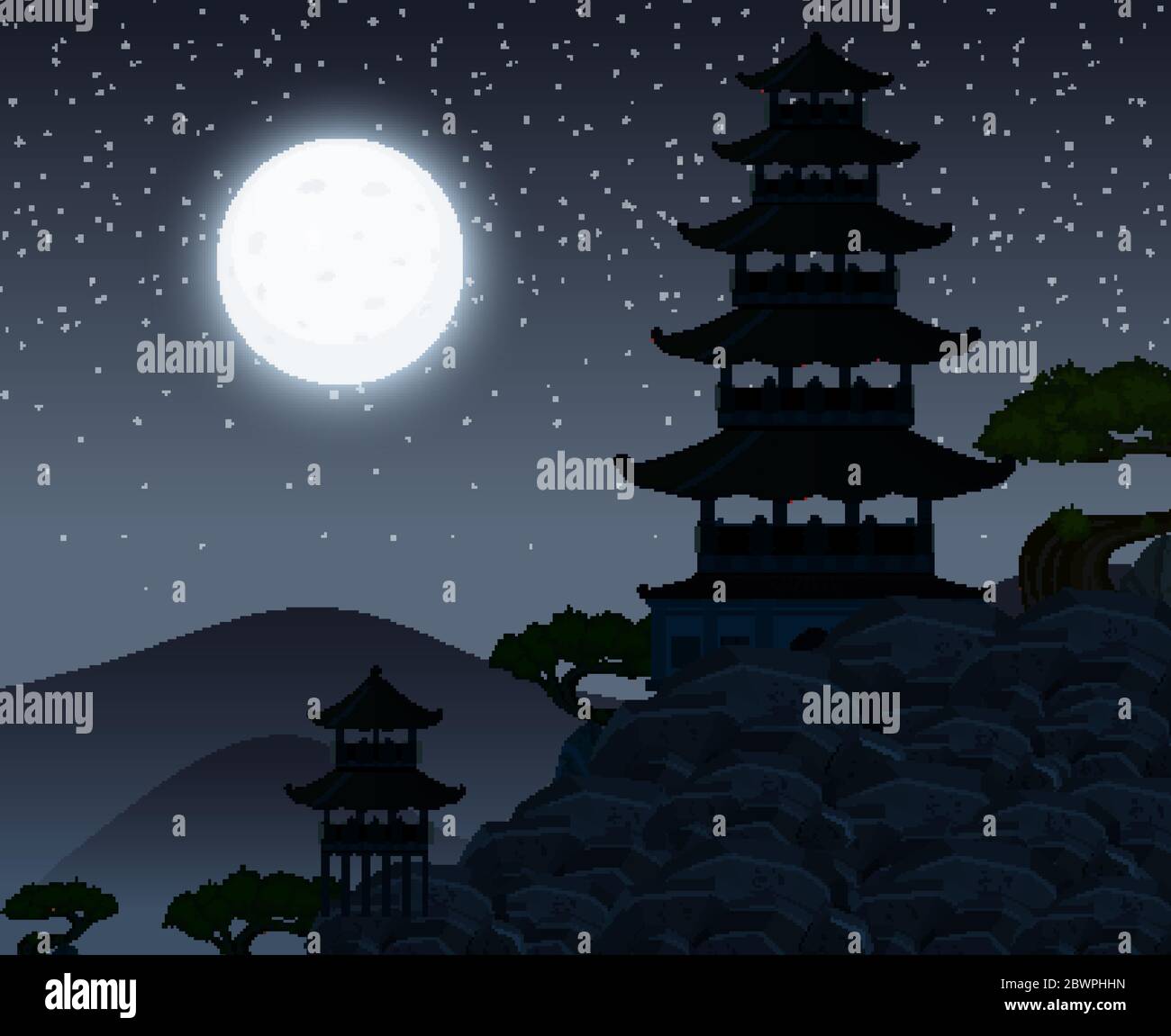 Background scene with dark sky over the temples illustration Stock ...