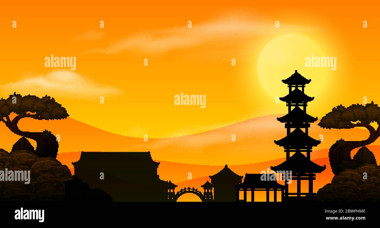 Background scene with sunset and silhouette asian temple illustration ...