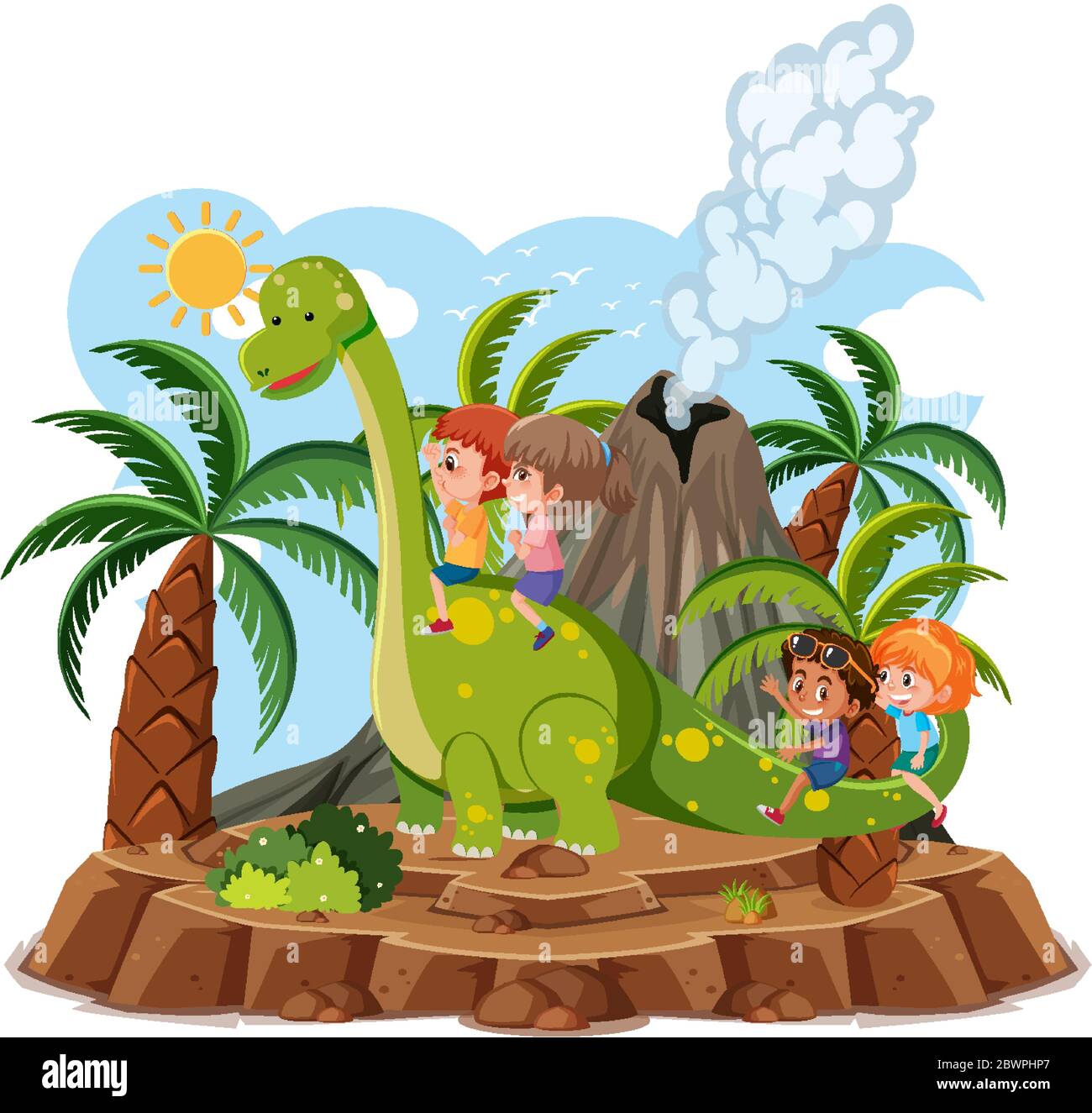 Kids ride cute dinosaur with volcano eruption isolated on white ...