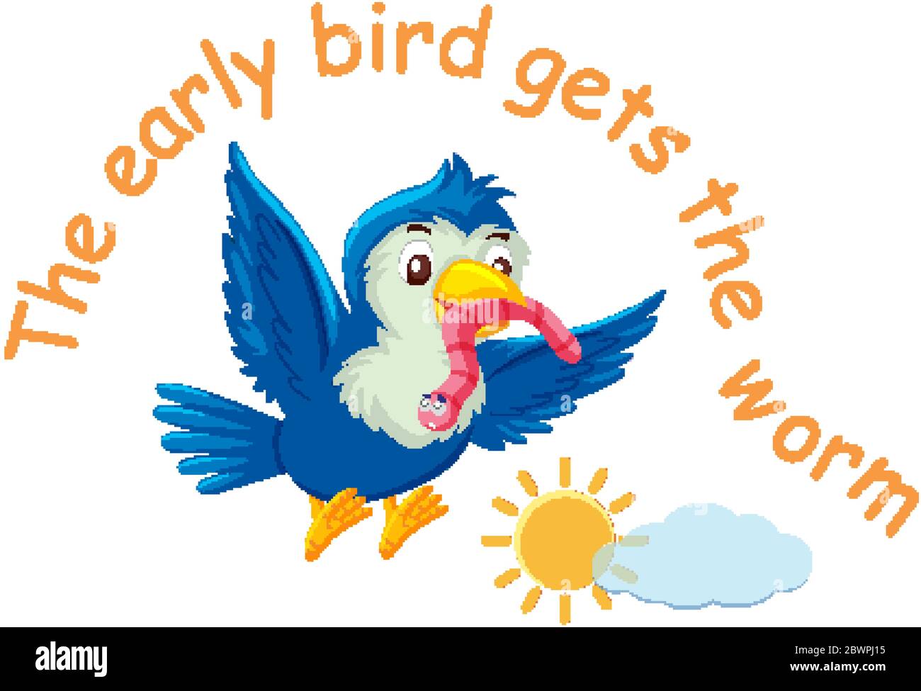 English Idiom With Picture Description For Early Bird Gets The Worm On