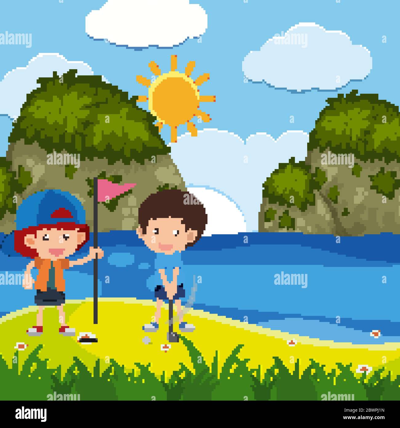 Scene with boys playing golf in the park illustration Stock Vector ...