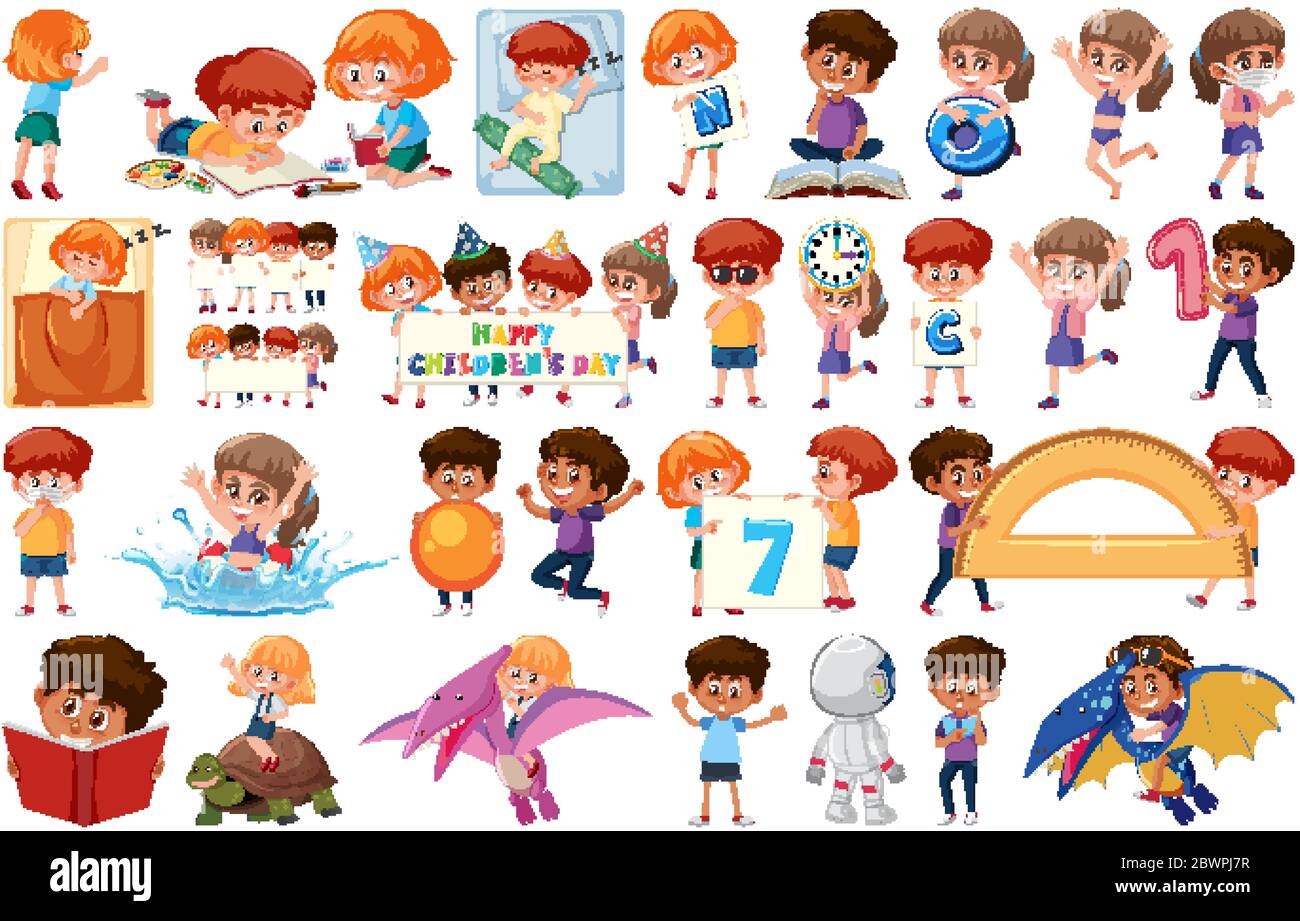 Large set of children doing different activities on white background ...