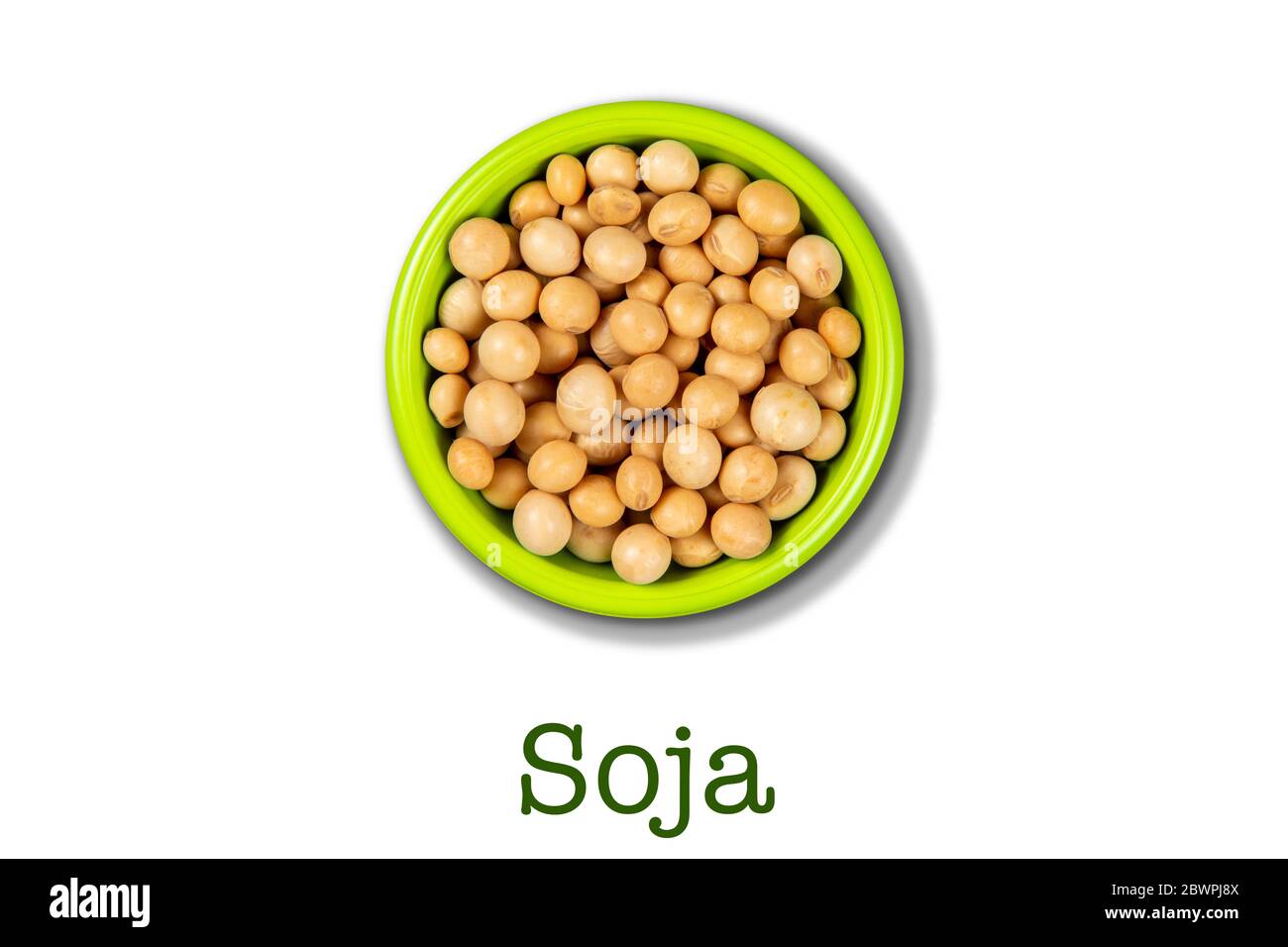 Green Bowl with culinary ingredients Soy (text in Spanish) on white ...