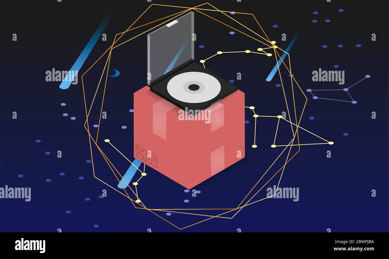 illustration of a compact disc on the box on digital art background ...