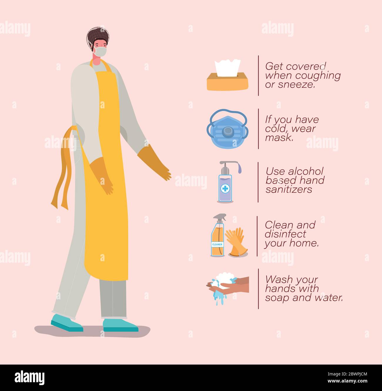 cook man with mask apron gloves and prevention tips vector design Stock ...
